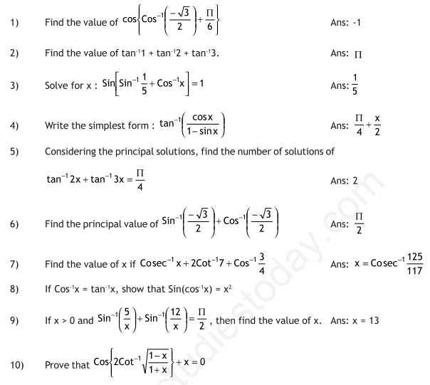 Cbse Class 12 Mathematics Inverse Trigonometric Functions Assignment Set C